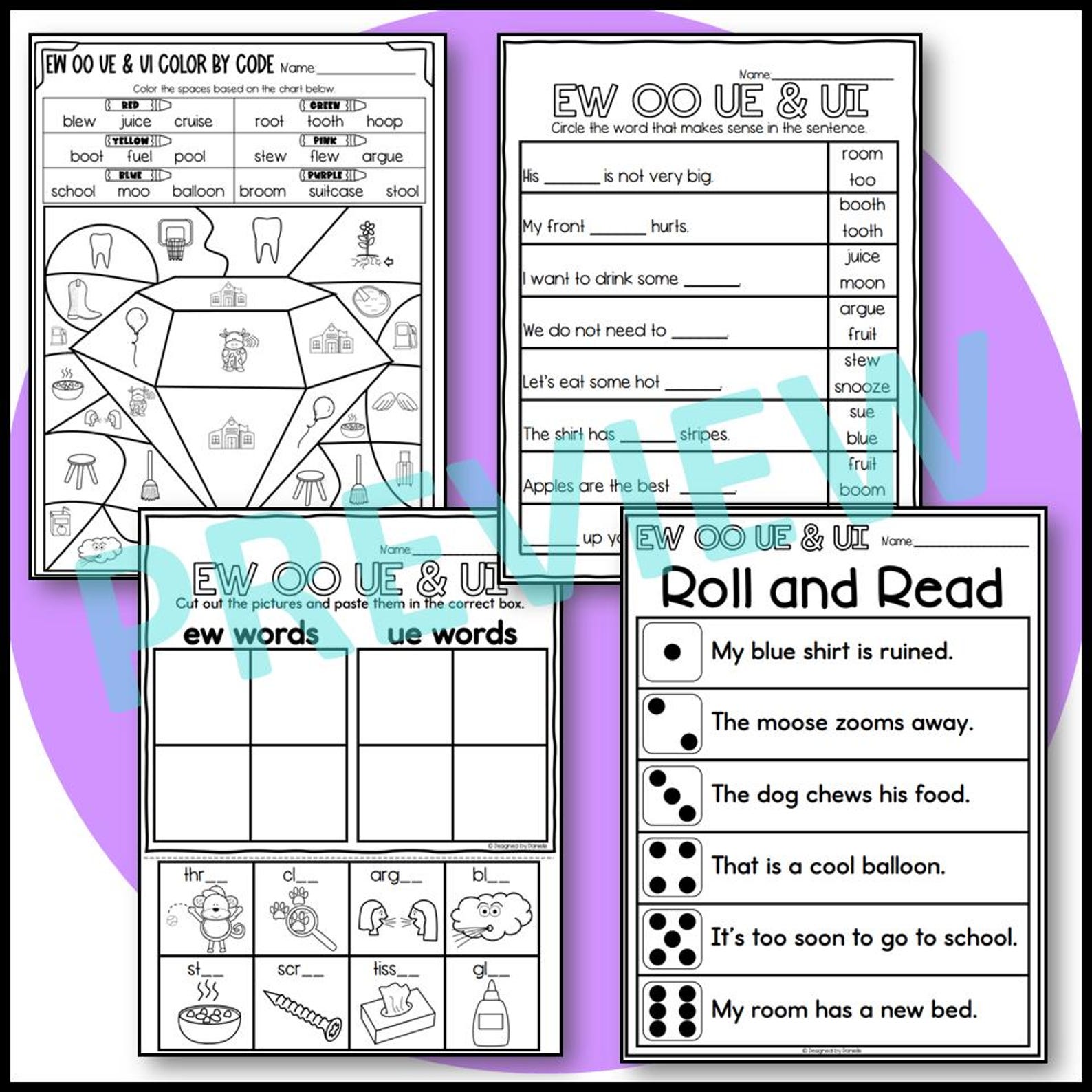 Ew Oo Ue and Ui Worksheets: Word & Picture Sorts, Color by Code, I Spy ...