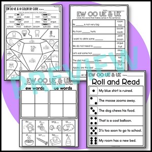 Ew Oo Ue and Ui Worksheets: Word & Picture Sorts, Color by Code, I Spy ...