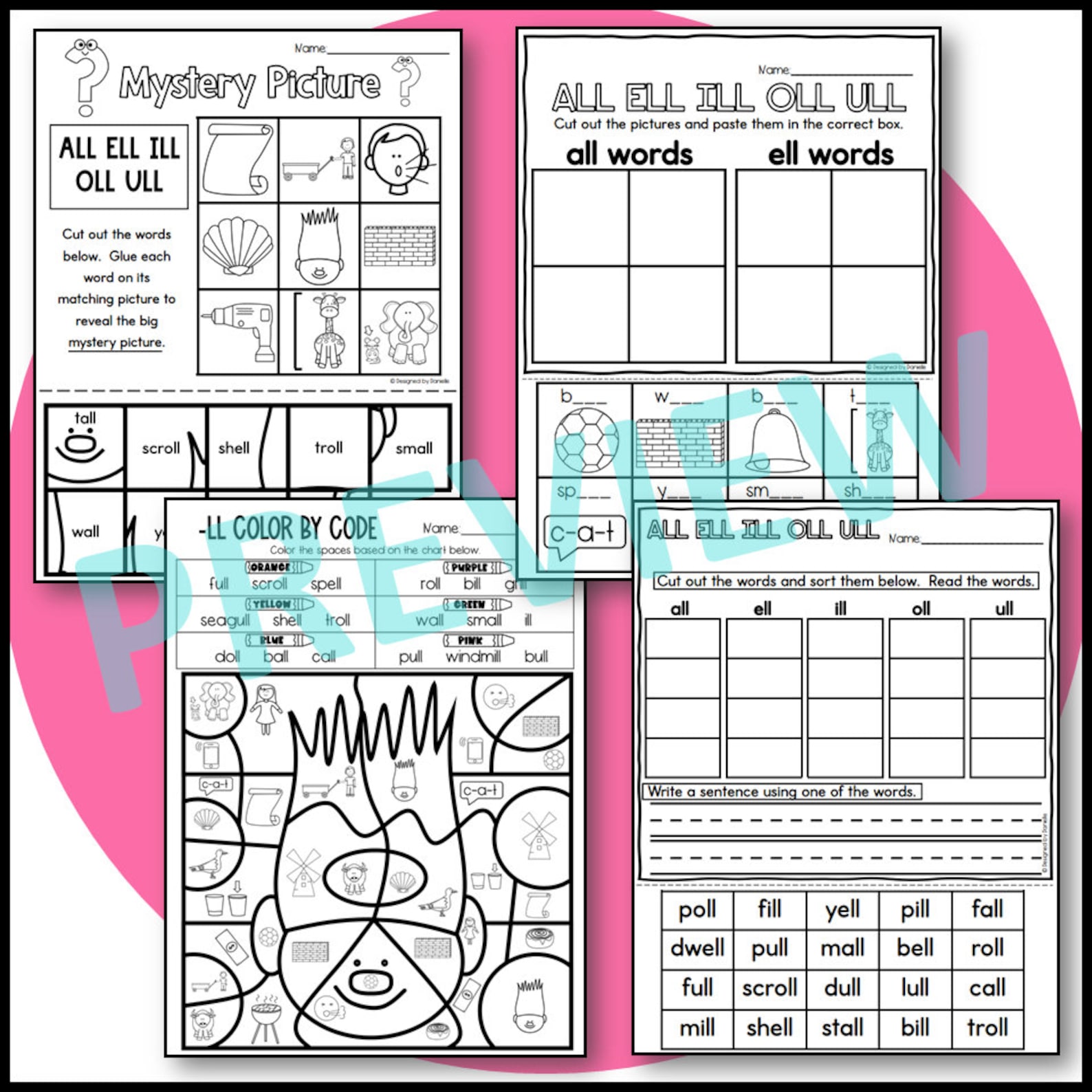 All, Ell, Ill, Oll, Ull Words Worksheets: Cut and Paste Sorts, Cloze ...