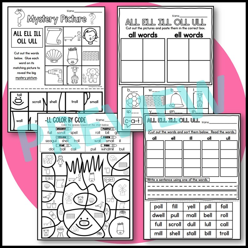 All, Ell, Ill, Oll, Ull Words Worksheets: Cut and Paste Sorts, Cloze ...