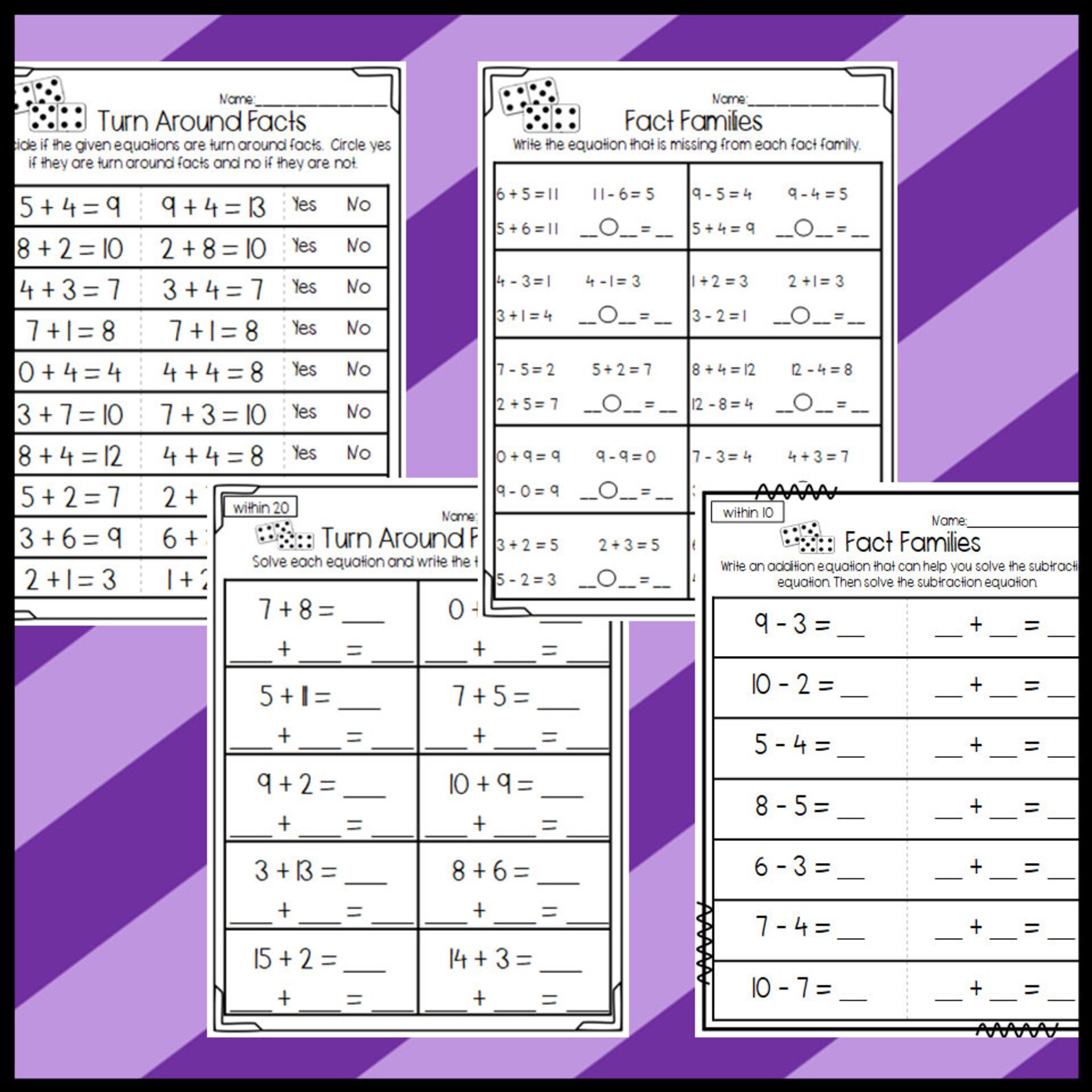 Turn Around Fact and Fact Family Worksheets: First and Second Grade ...