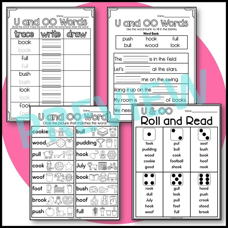 U and OO Worksheets: Word Sorts, Picture Sorts, Cloze, Matching, Color ...