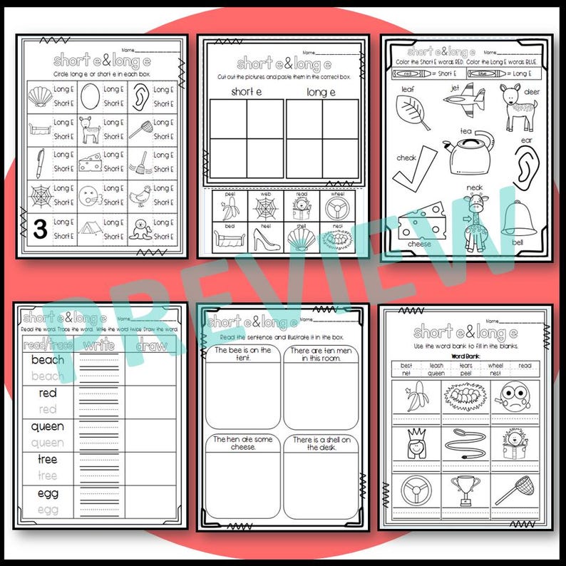Long E and Short E Worksheets: Cut and Paste Sorts, Cloze, Sentences ...