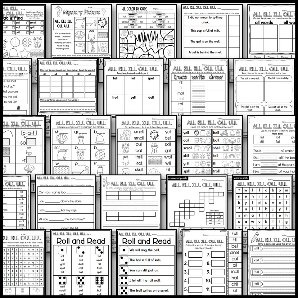 All, Ell, Ill, Oll, Ull Words Worksheets: Cut and Paste Sorts, Cloze ...