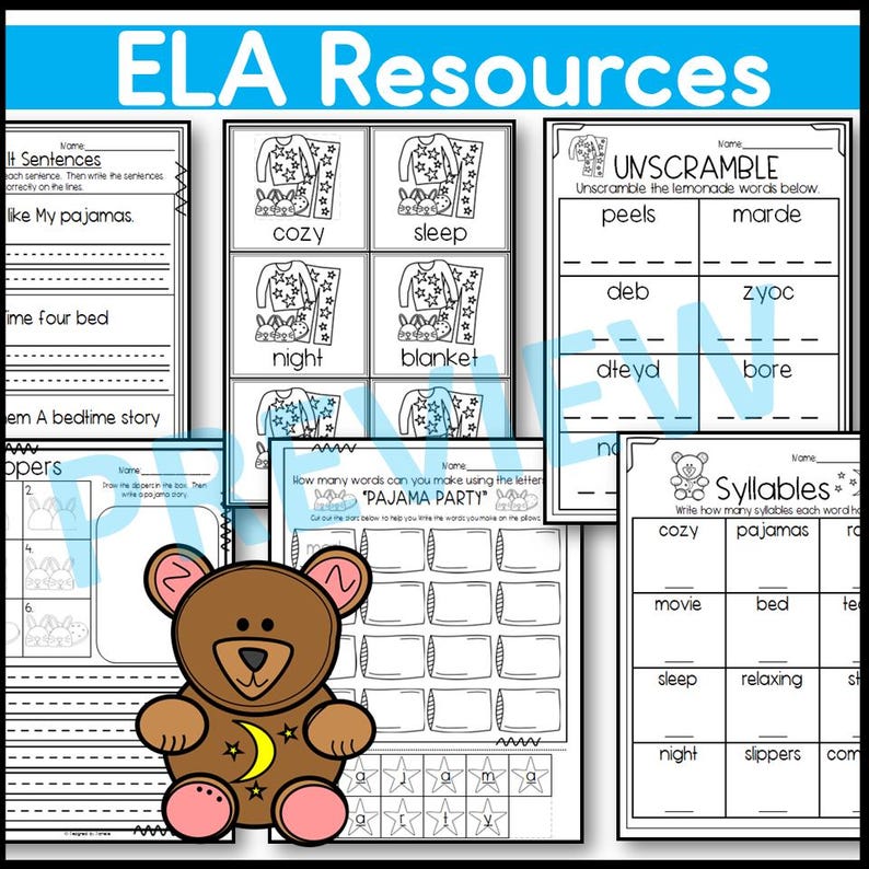 Pajama Day Themed Activities and Worksheets: Back to School Review Math ...