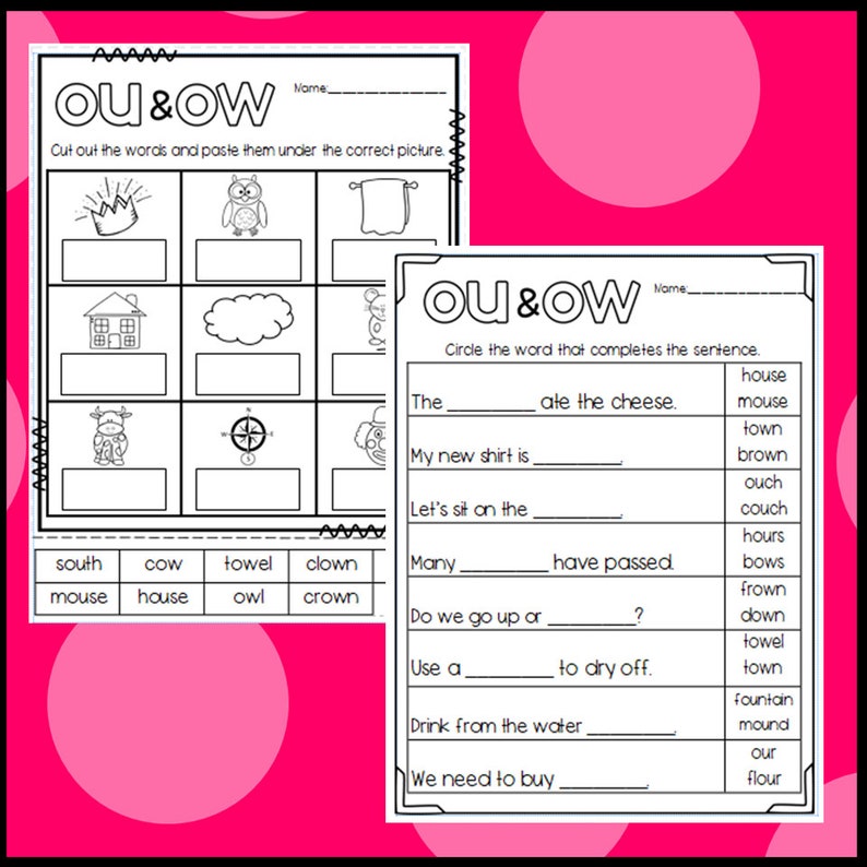 OU and OW Worksheets: Cut and Paste Sorts Cloze Read and - Etsy