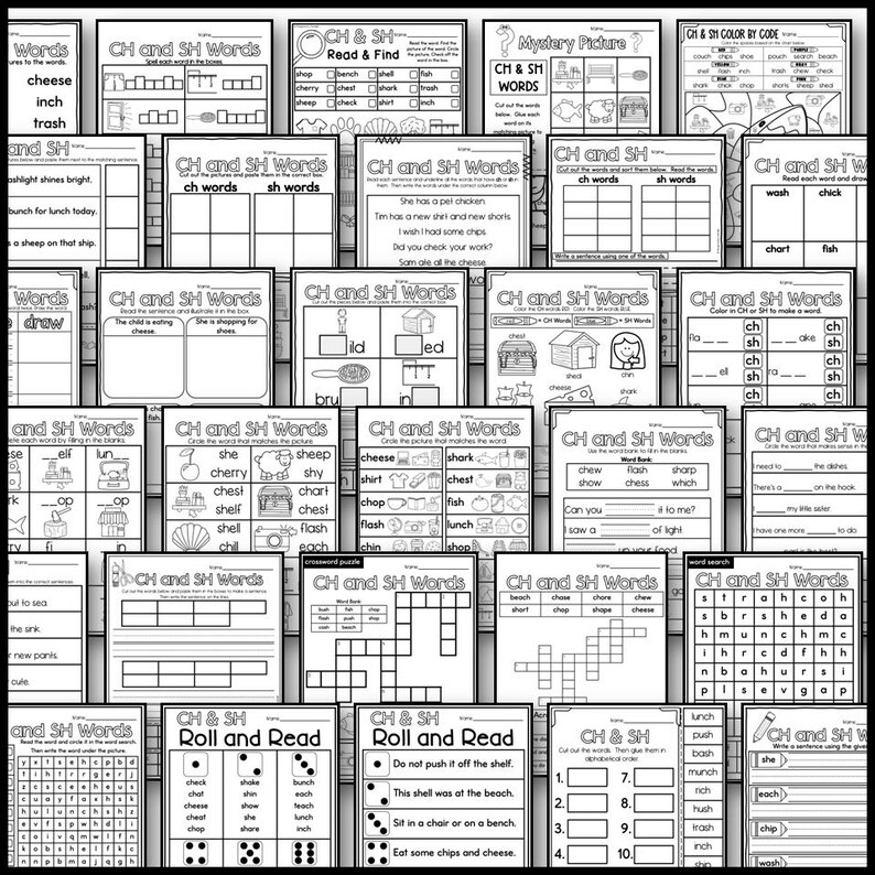SH and CH Worksheets: Word and Picture Sorts, Cloze, I Spy, Color by ...