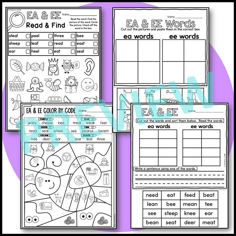 EE and EA Worksheets and Sort, Color by Code, Matching, Cloze, Roll and ...