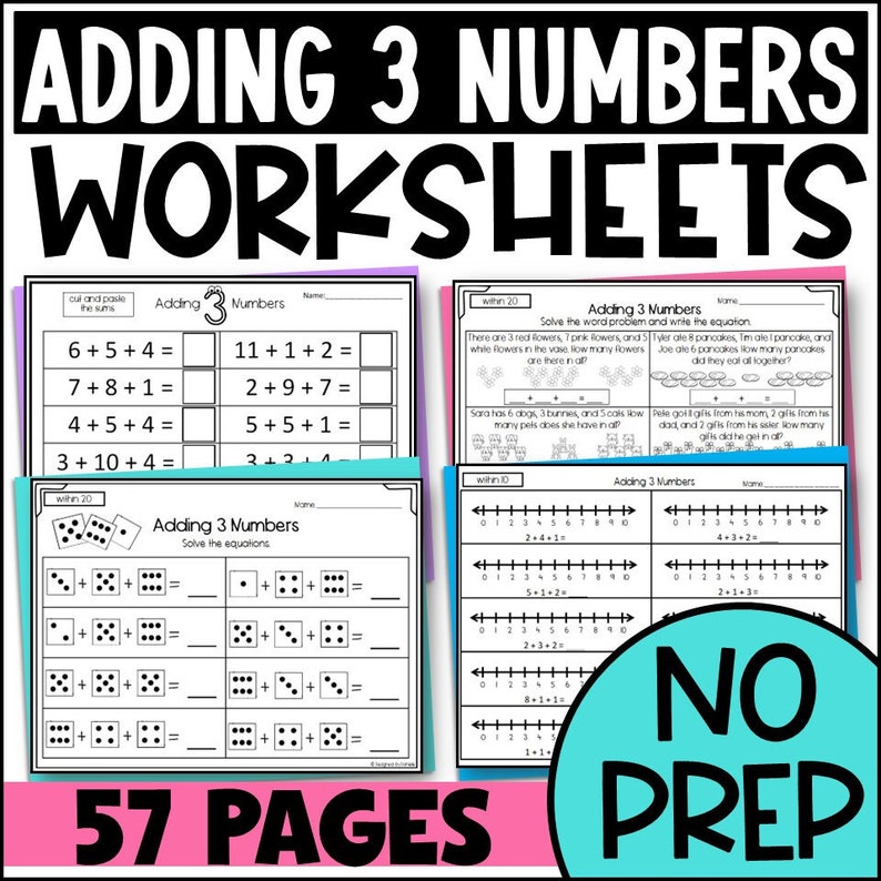 Adding 3 Numbers: Worksheets, Number Line, Word Problems Printable ...