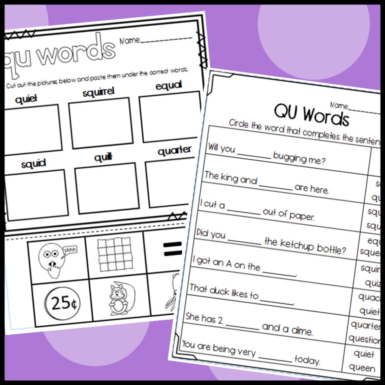 QU Worksheets : Sorts Matching Read and Draw and More - Etsy