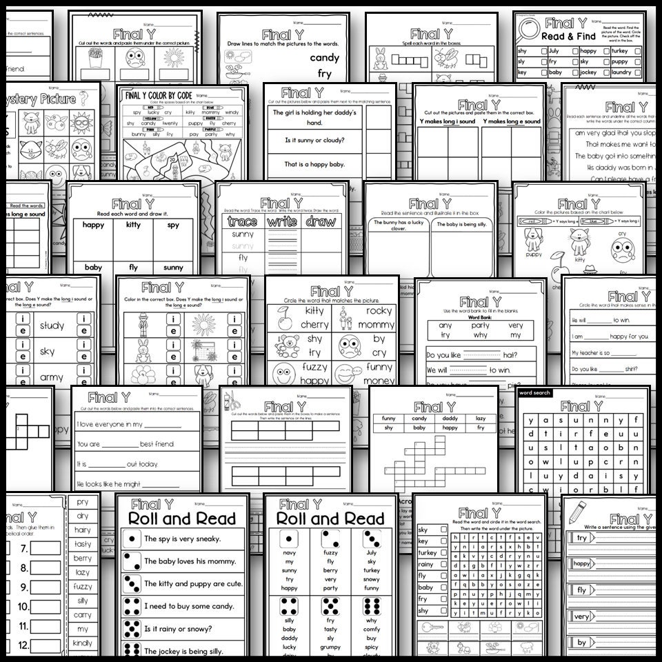 Final Y Worksheets: First Grade Phonics Practice for Words With a Y ...