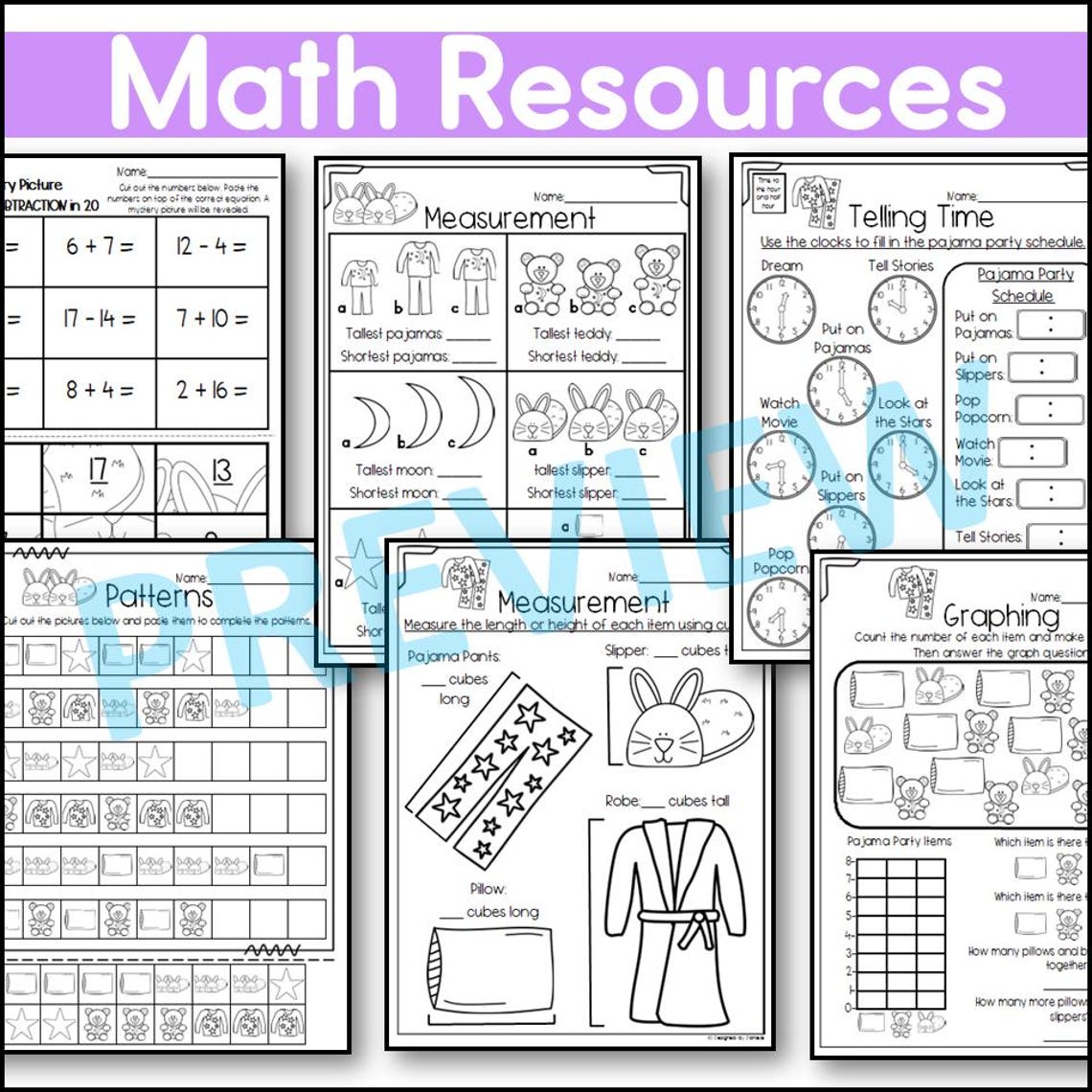 Pajama Day Themed Activities and Worksheets: Back to School Review Math ...