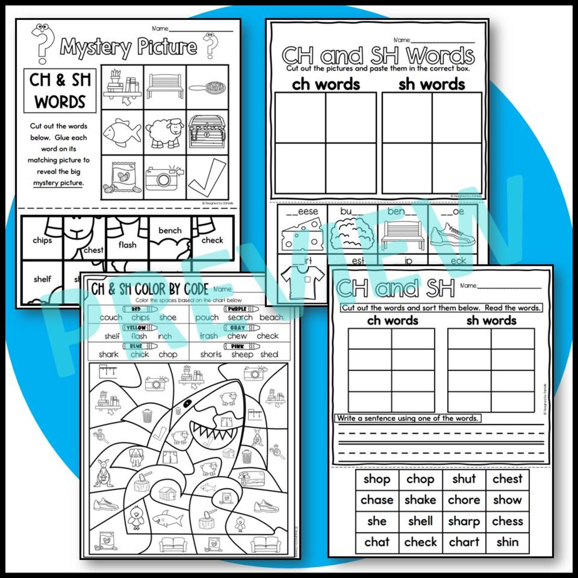 SH and CH Worksheets: Word and Picture Sorts, Cloze, I Spy, Color by ...