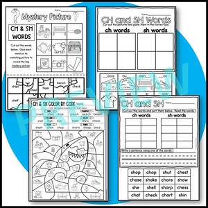 SH and CH Worksheets: Word and Picture Sorts, Cloze, I Spy, Color by ...