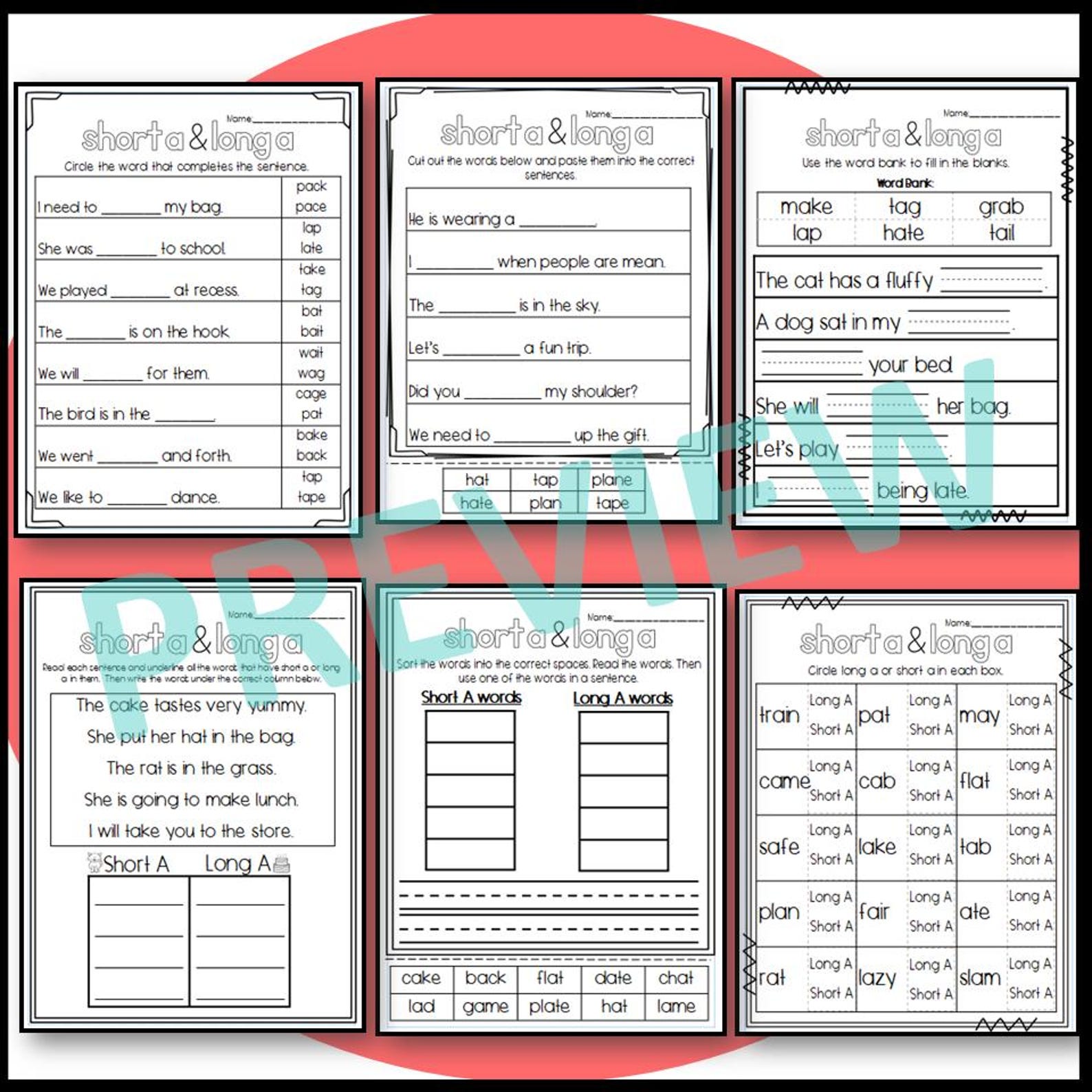 Long A and Short A Worksheets: Cut and Paste Sorts, Cloze, and More ...