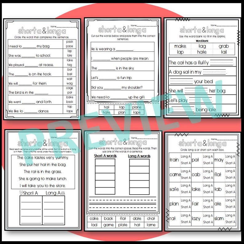 Long A and Short A Worksheets: Cut and Paste Sorts, Cloze, and More ...
