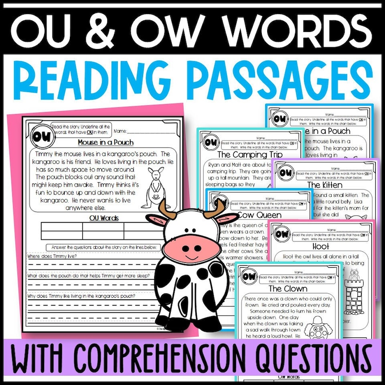 OU and OW Passages: First Grade Reading Worksheets. PDF Download - Etsy