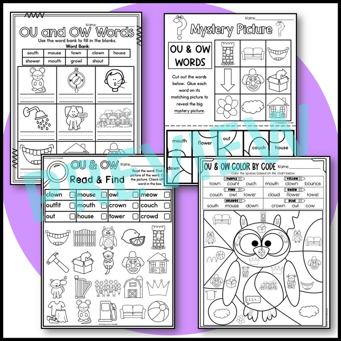 OU and OW Worksheets: Cut and Paste Sorts, Cloze, Read and Draw First ...