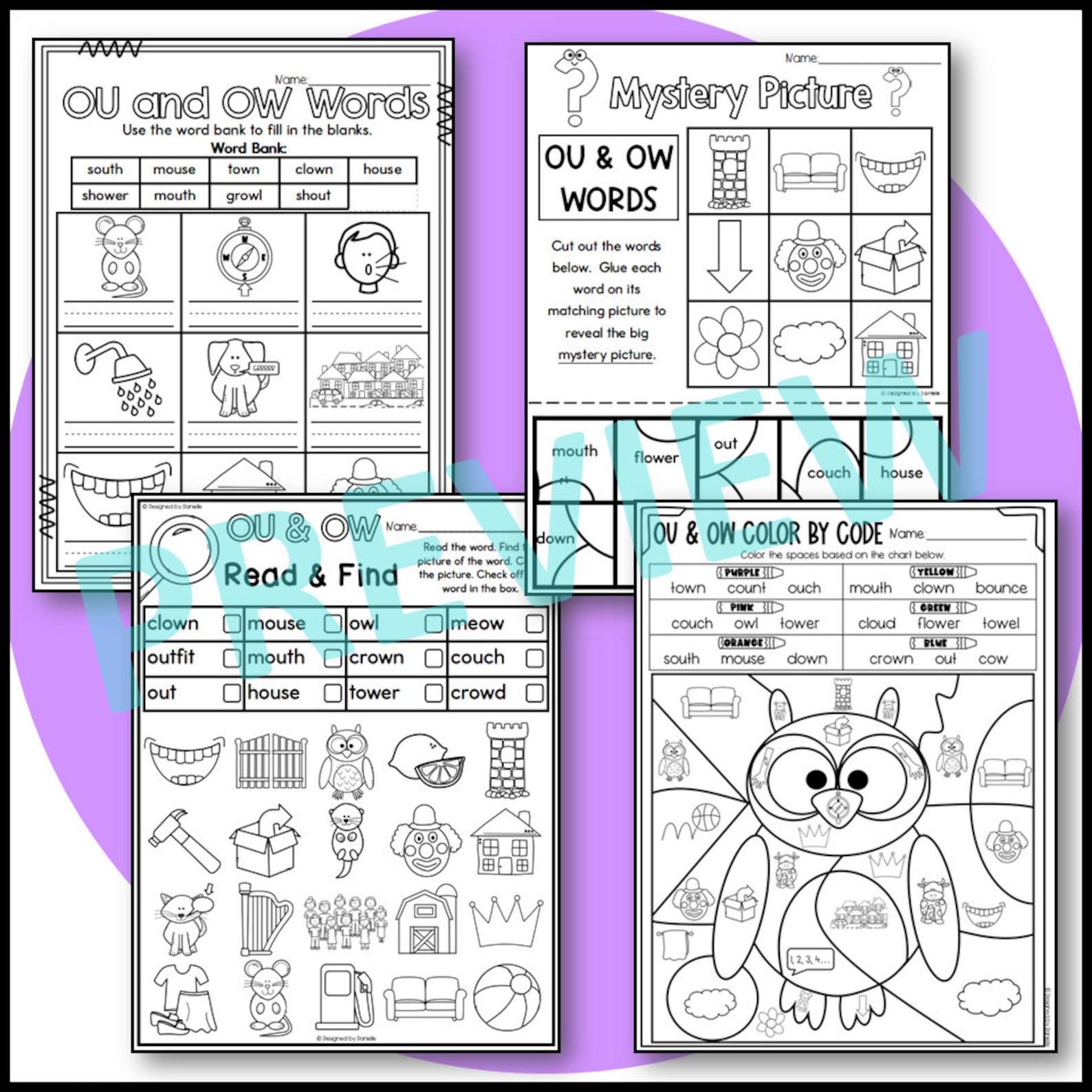 OU and OW Worksheets: Cut and Paste Sorts, Cloze, Read and Draw First ...