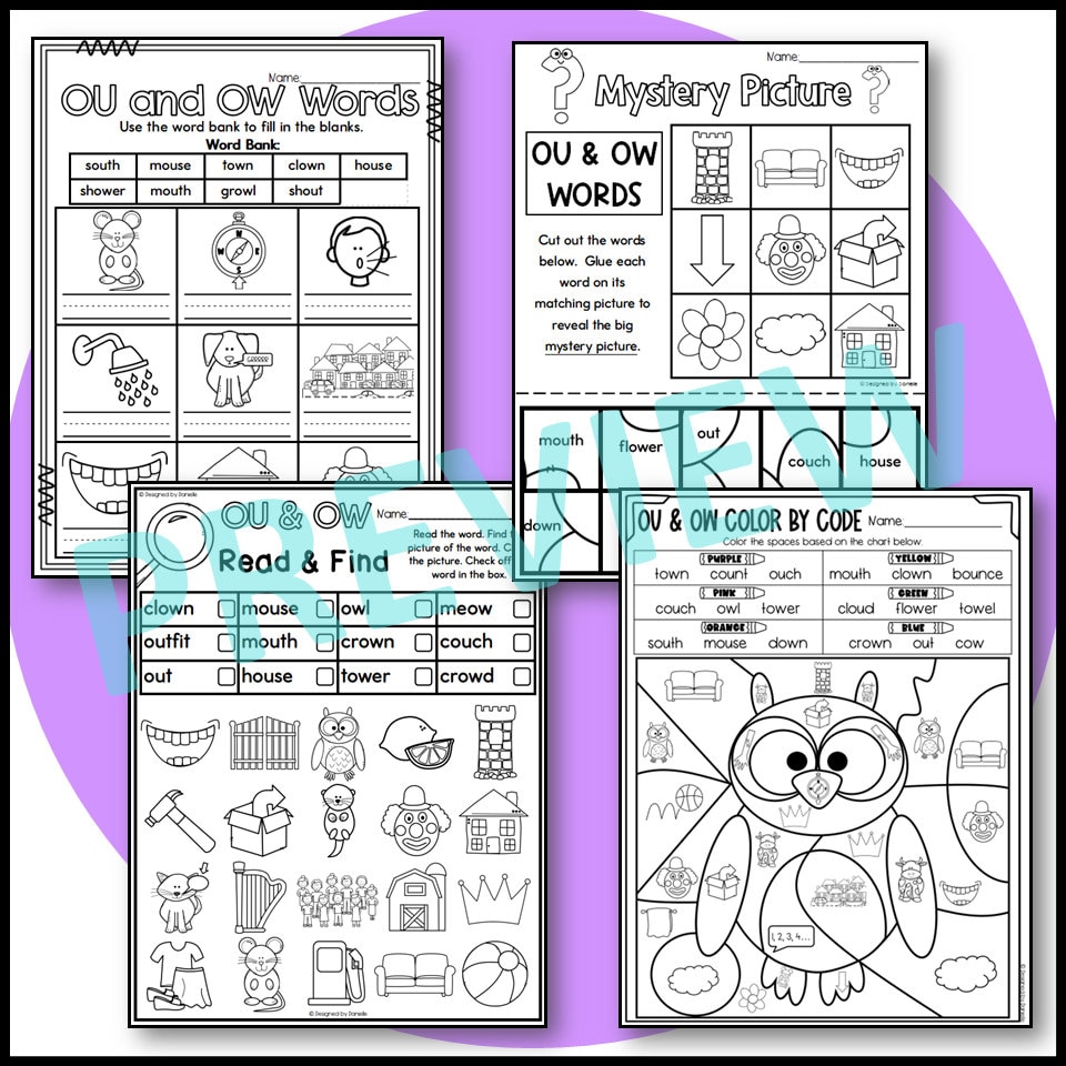OU and OW Worksheets: Cut and Paste Sorts, Cloze, Read and Draw First ...