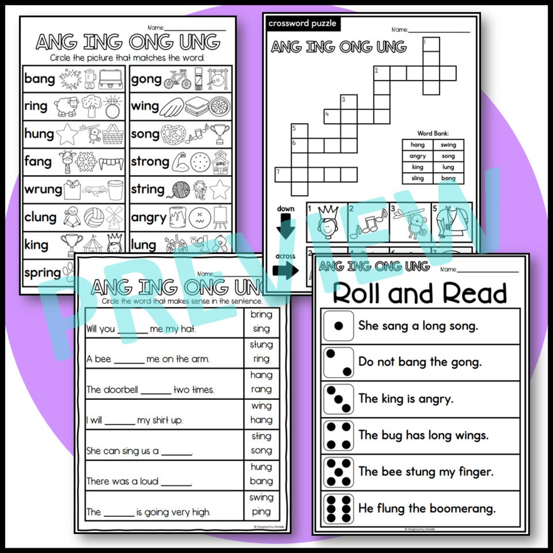 Ing Ang Ong and Ung Phonics Worksheets: Printable First Grade Word ...