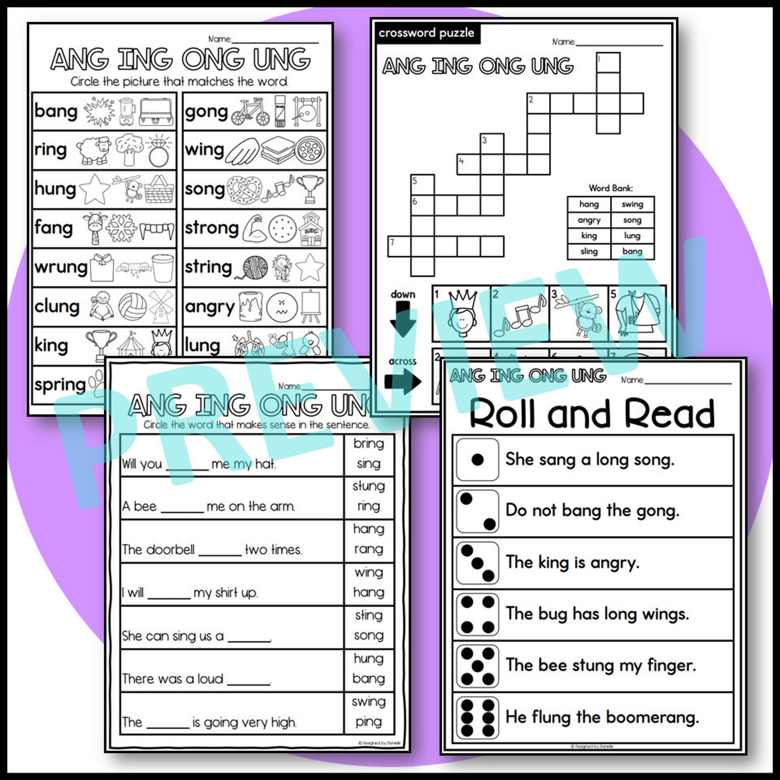 Ing Ang Ong and Ung Phonics Worksheets: Printable First Grade Word ...