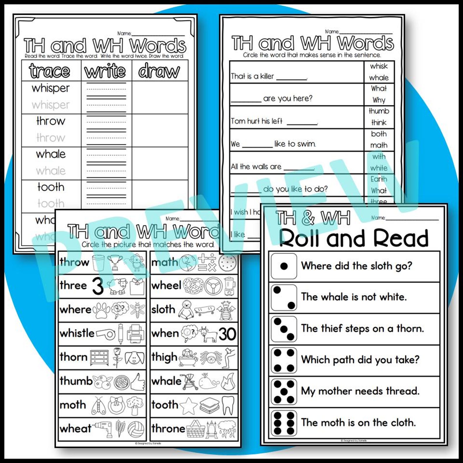 WH and TH Worksheets: Cut and Paste Sorts, Cloze, Read and Draw ...