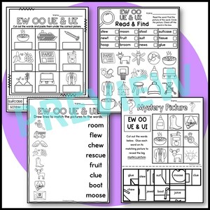 Ew Oo Ue and Ui Worksheets: Word & Picture Sorts, Color by Code, I Spy ...