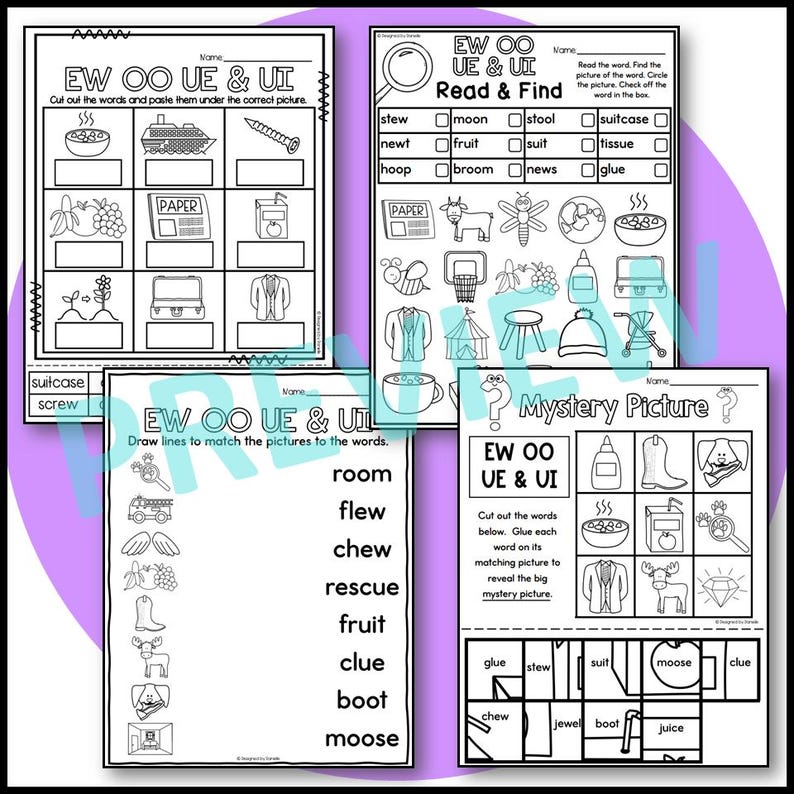 Ew Oo Ue and Ui Worksheets: Word & Picture Sorts, Color by Code, I Spy ...