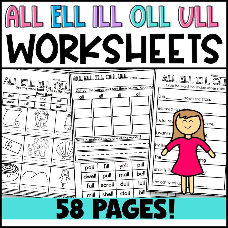 All, Ell, Ill, Oll, Ull Words Worksheets: Cut and Paste Sorts, Cloze ...