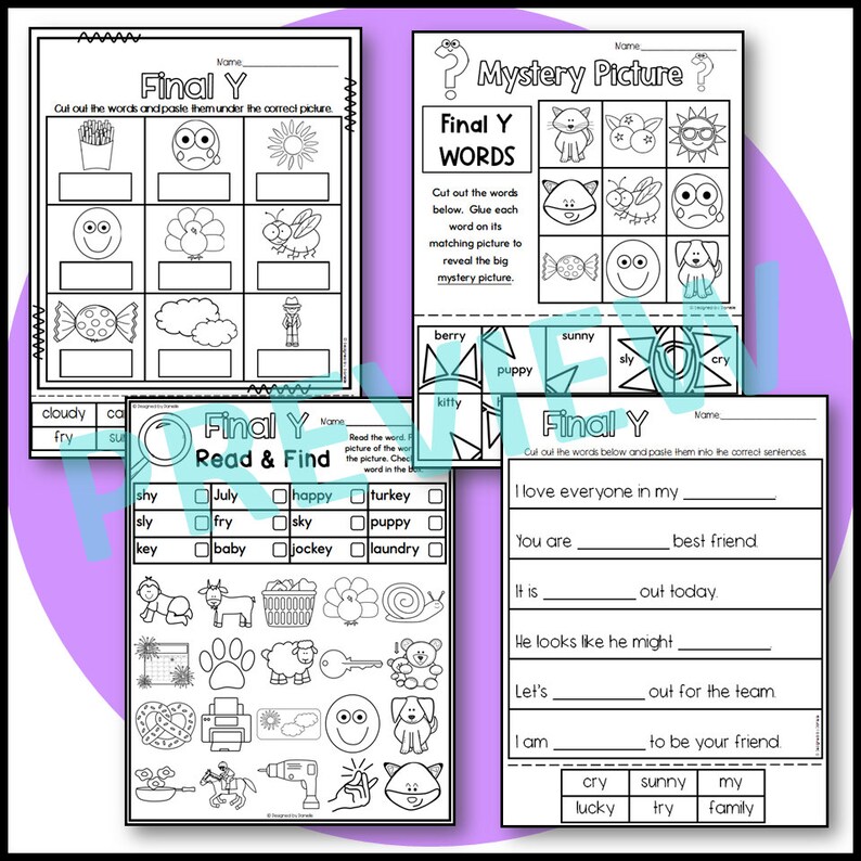 Final Y Worksheets: First Grade Phonics Practice for Words With a Y ...