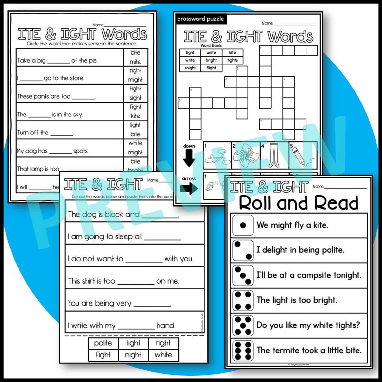 ITE and IGHT Worksheets: Picture & Word Sorts, Cloze, Matching, Mystery ...