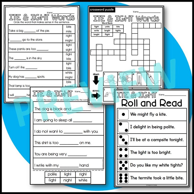 ITE and IGHT Worksheets: Picture & Word Sorts, Cloze, Matching, Mystery ...