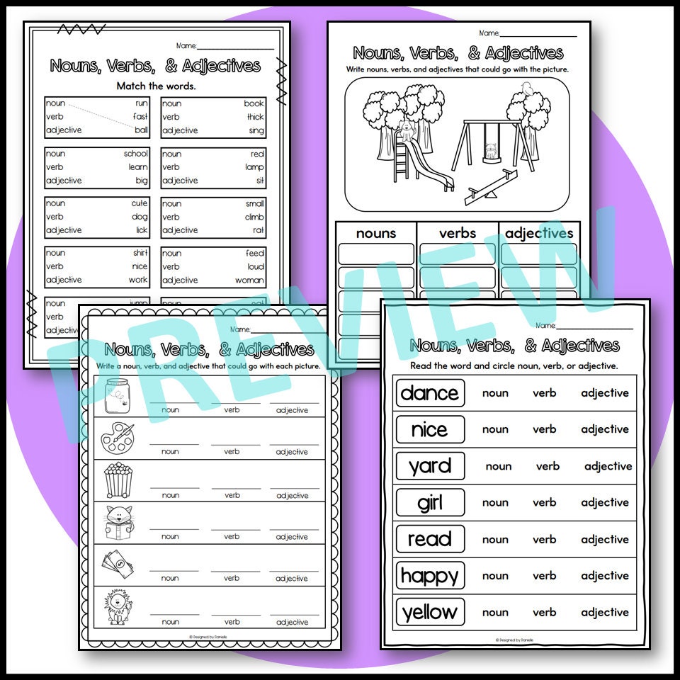 Nouns, Verbs, and Adjectives Sorts and Worksheets: Printable Sheets ...