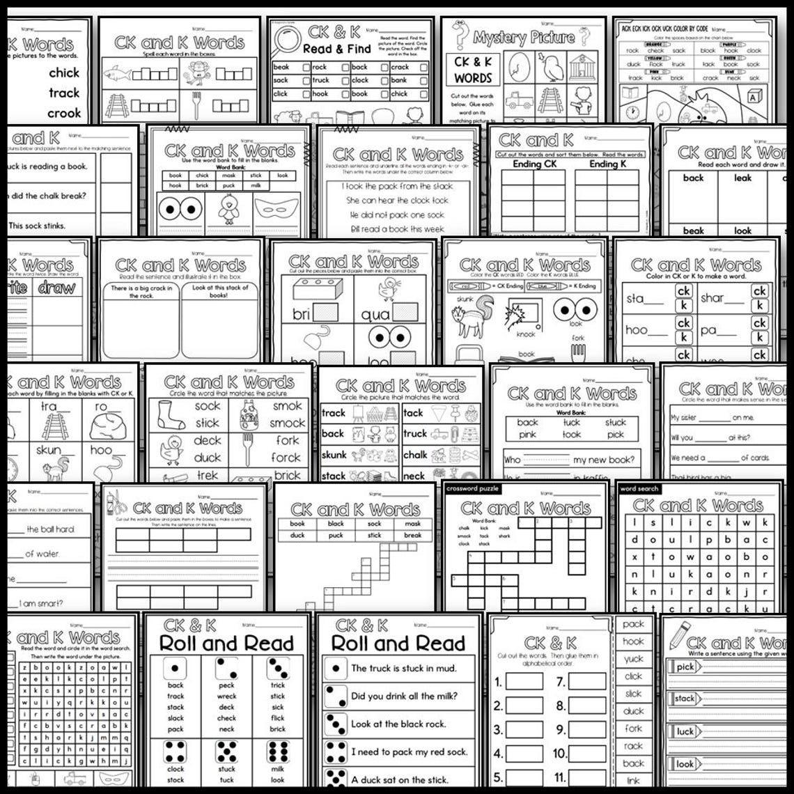 Ending CK and K Worksheets and Sorts, Color by Code, Mystery Pic, Roll ...
