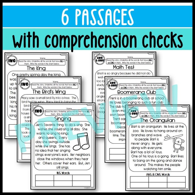 Ing, Ang, and Ong Passages: Word Family Glued Sounds Comprehension ...