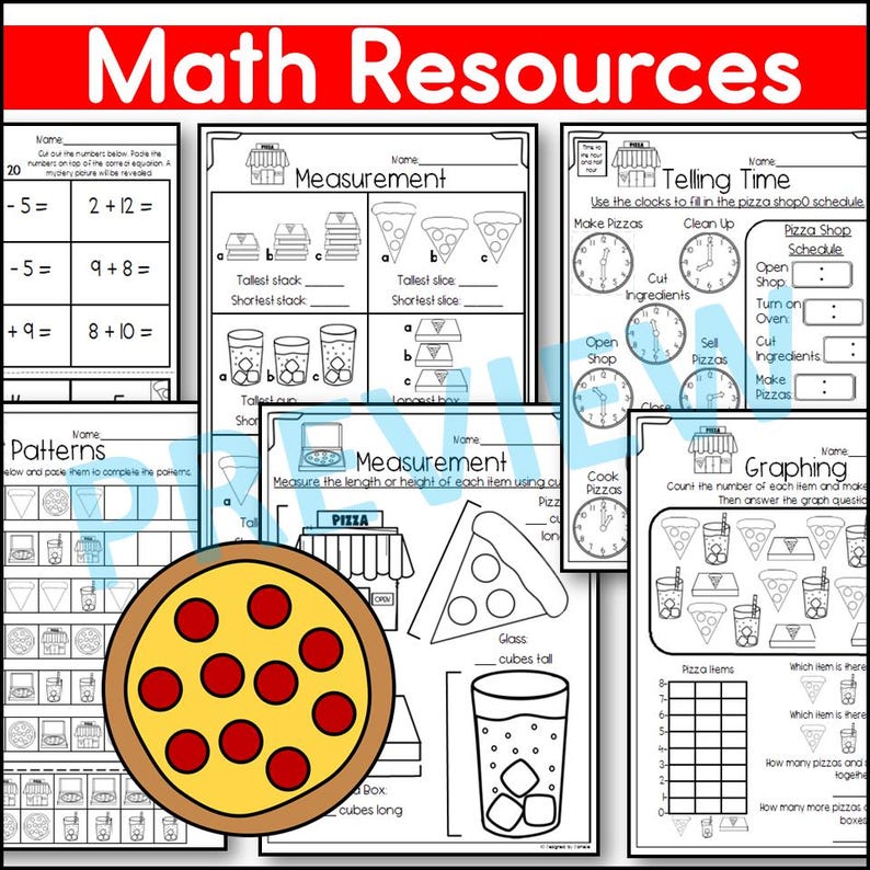 Pizza Day Themed Activities and Worksheets: Back to School Review Math ...