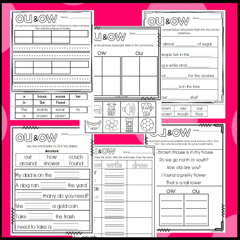 OU and OW Worksheets: Cut and Paste Sorts Cloze Read and - Etsy