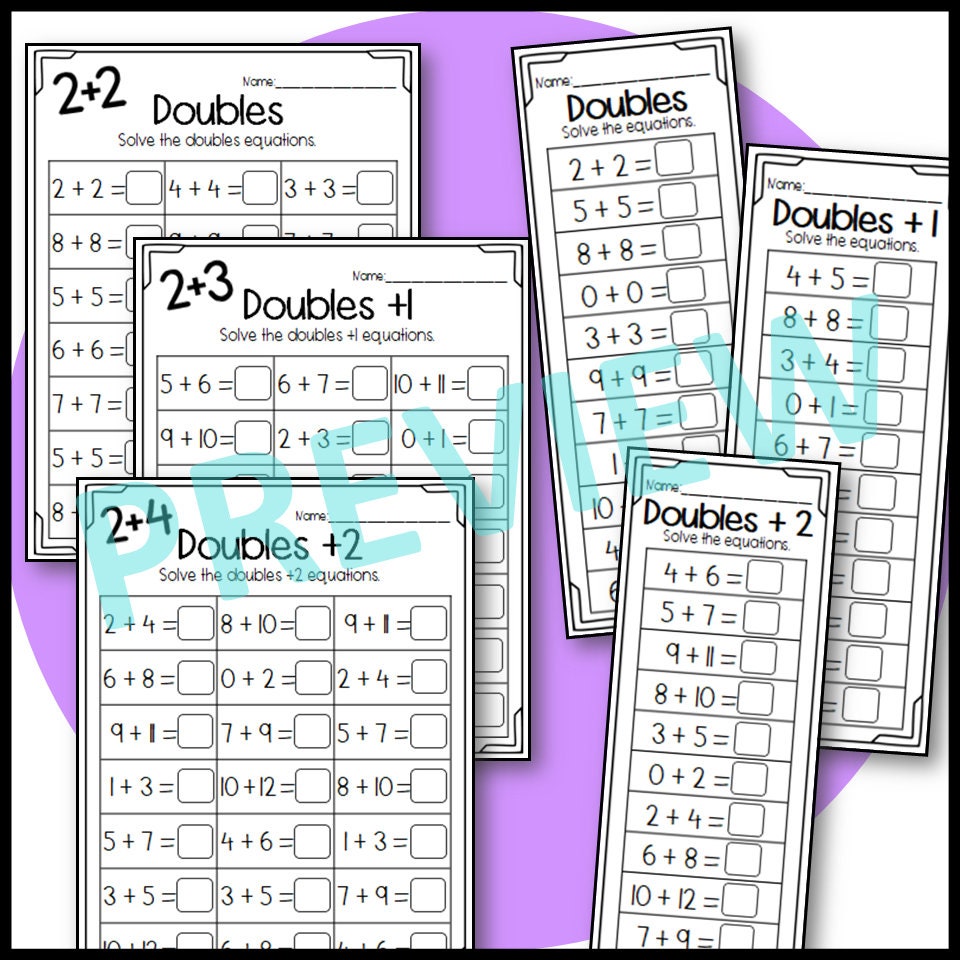 Doubles, Doubles Plus 1, and Doubles Plus 2 Worksheets: First Grade ...