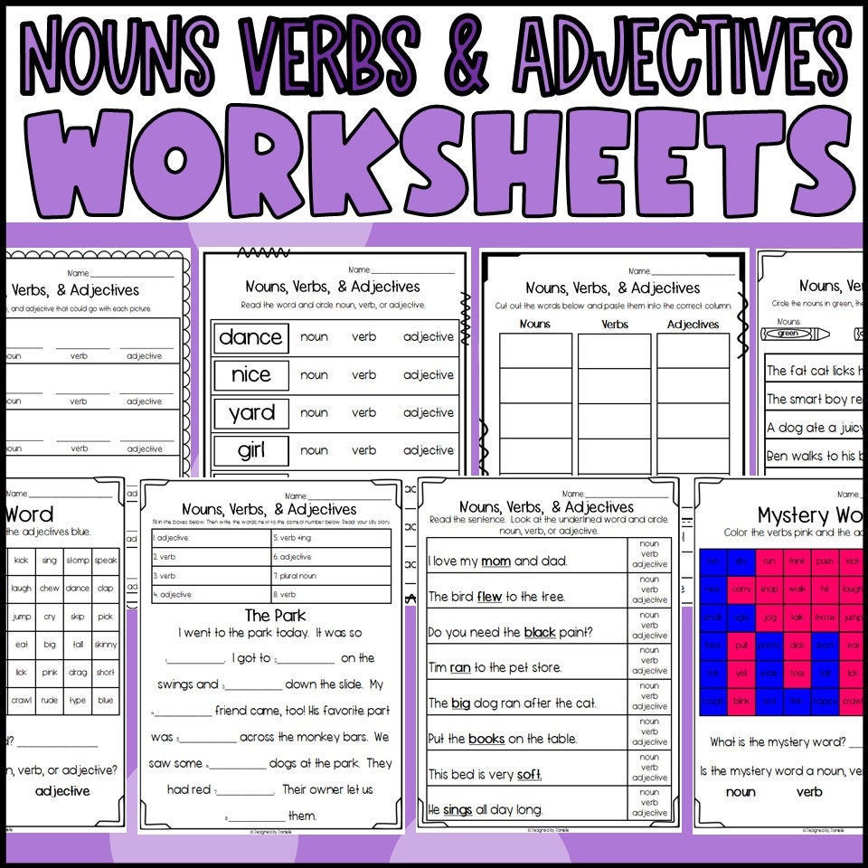 Nouns Verbs and Adjectives Sorts and Worksheets: (Instant Download) - Etsy