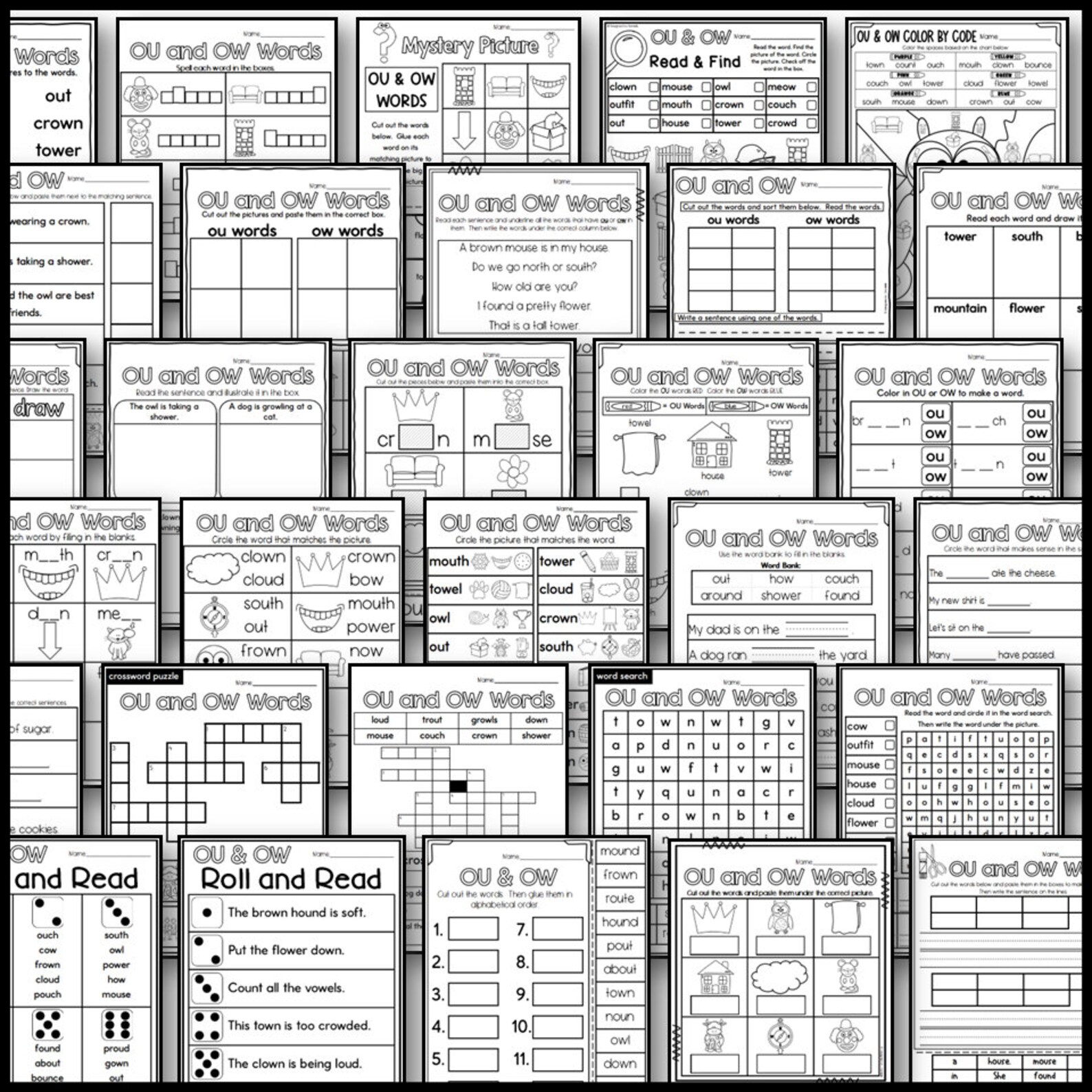 OU and OW Worksheets: Cut and Paste Sorts, Cloze, Read and Draw First ...