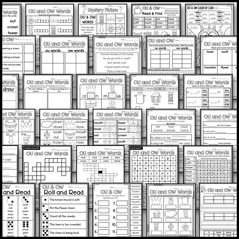 OU and OW Worksheets: Cut and Paste Sorts, Cloze, Read and Draw First ...