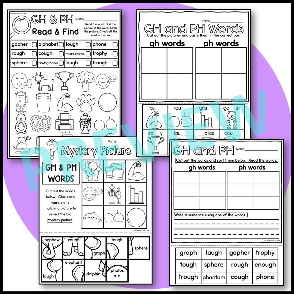 PH and GH Worksheets: Cut and Paste Sorts, Cloze, Read and Draw Instant ...