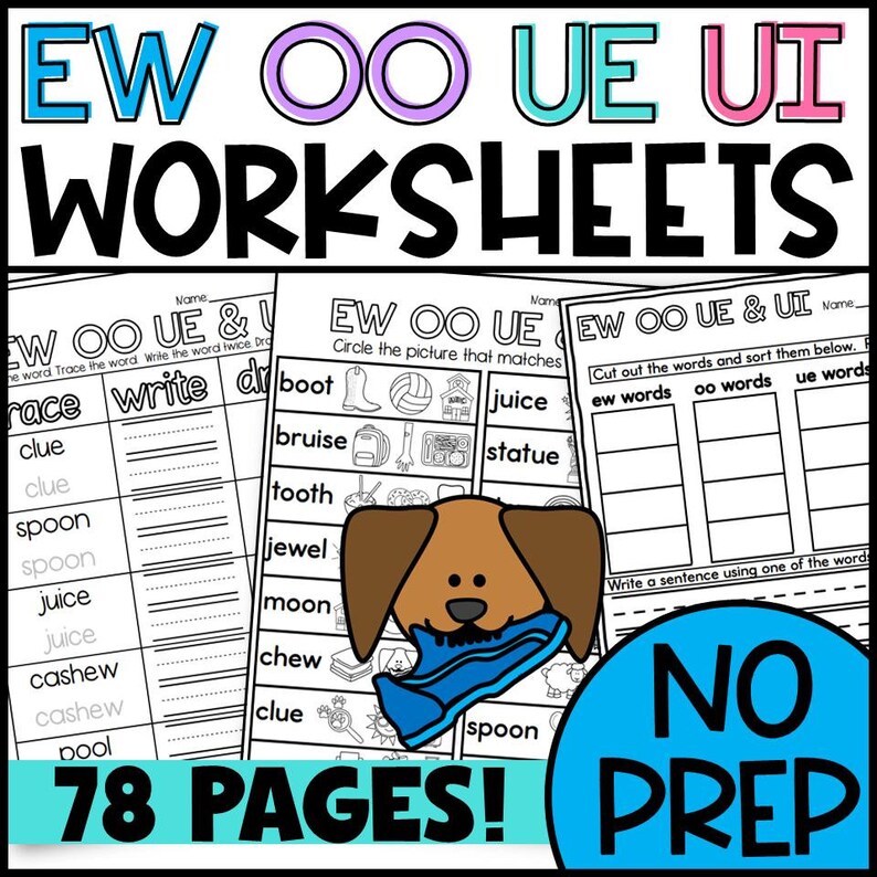 Ew Oo Ue and Ui Worksheets: Word & Picture Sorts, Color by Code, I Spy ...