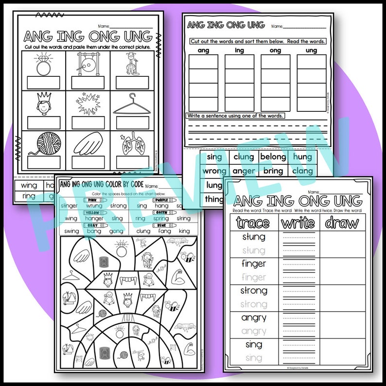 Ing Ang Ong and Ung Phonics Worksheets: Printable First Grade Word ...