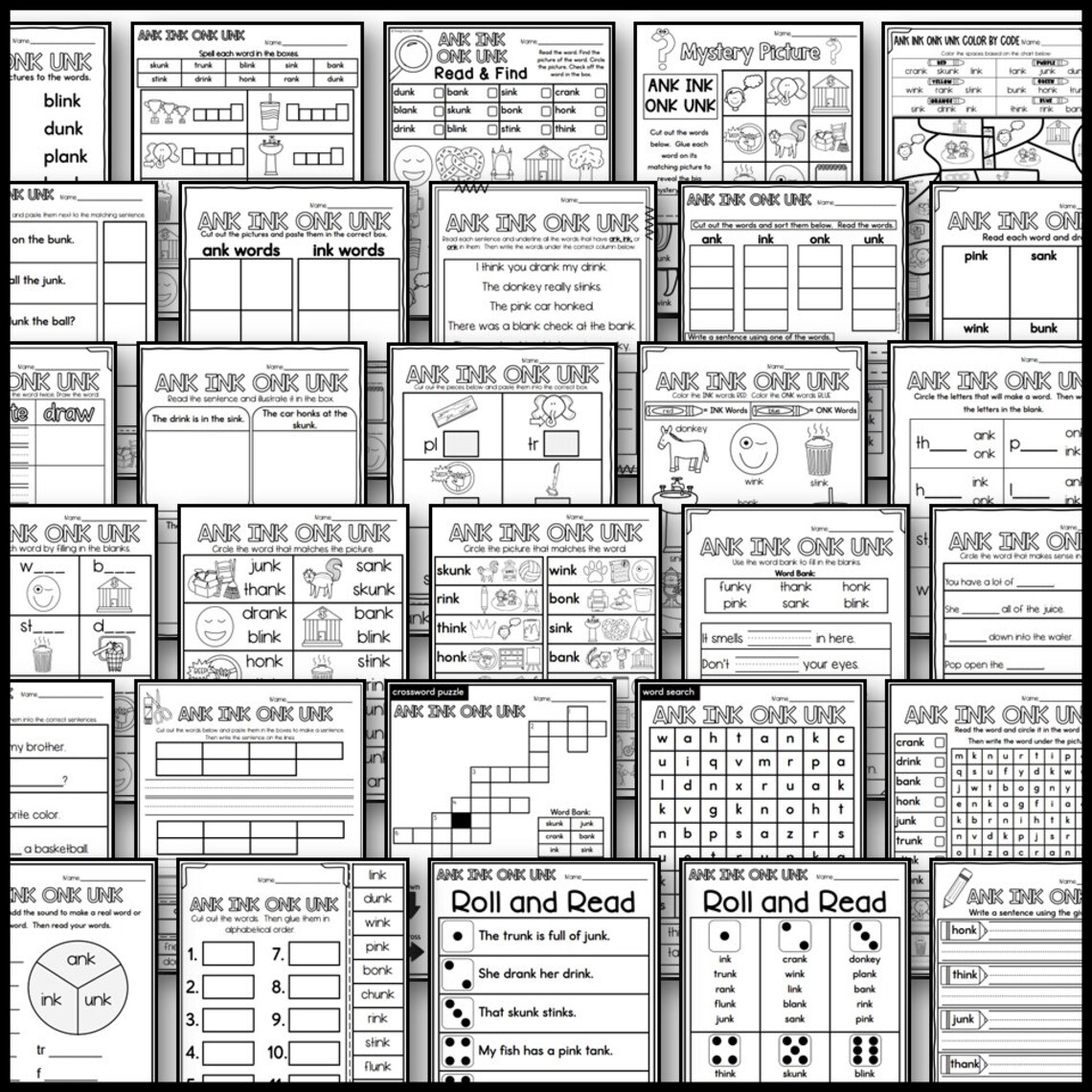 Ank, Ink, Onk, and Unk Worksheets: Cut and Paste Sorts, Cloze, Read ...