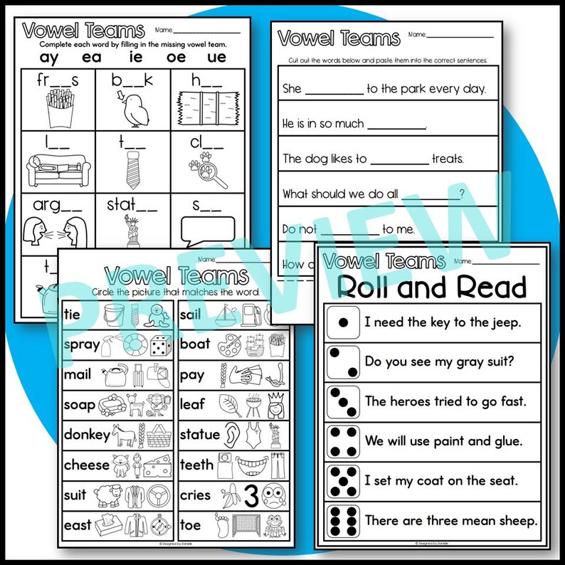 Vowel Teams Worksheets: Double Vowels Picture & Word Sorts Cloze ...