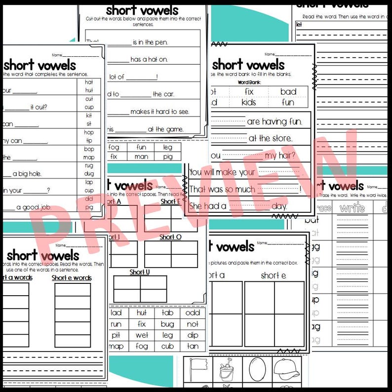 Short Vowel Worksheets: A E I O and U Practice Kindergarten, First ...