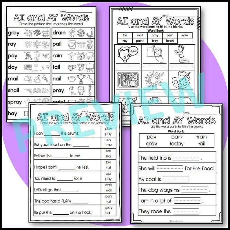 AY and AI Worksheets: Cut and Paste Sorts, Cloze, Mystery Picture ...