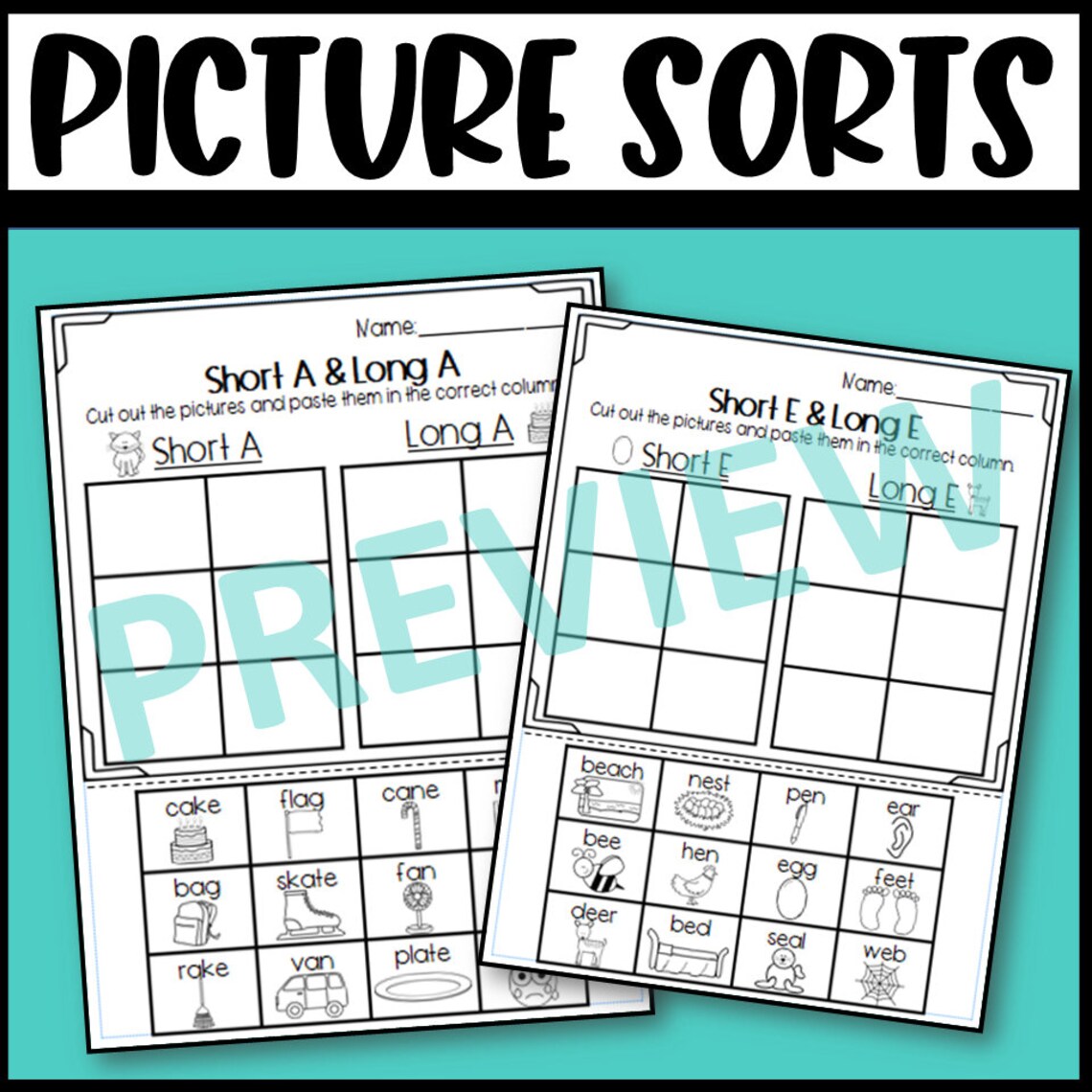 Long and Short Vowel Sorts A, E, I, O, and U: Kindergarten First Grade ...